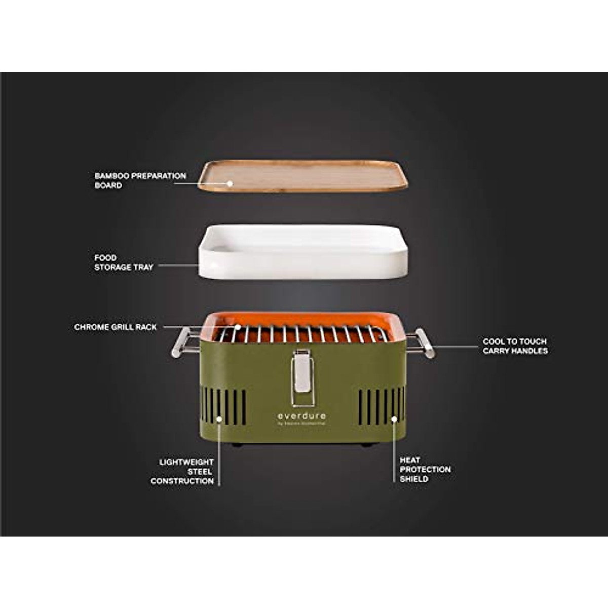 Everdure Cube Portable Charcoal Grill, Tabletop BBQ, Perfect Tailgate, Beach, Patio, or Camping Grill, Lightweight & Compact Small Grill with Preparation Board & Food Storage Tray, Khaki