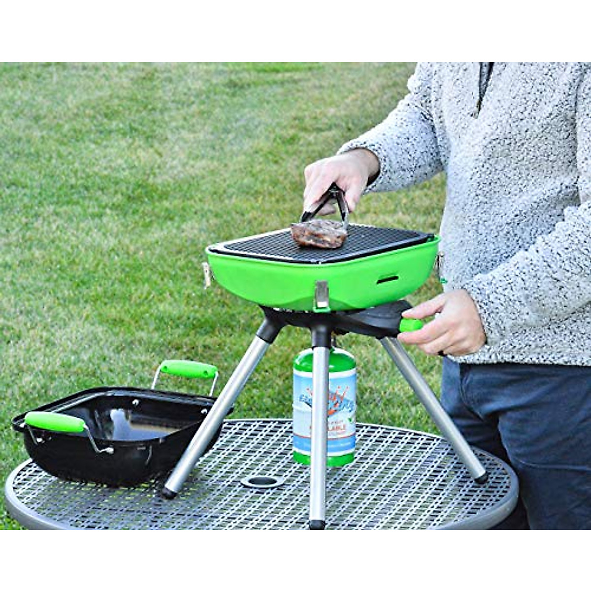 Flame King YSNVT-301 Multi-Function Portable Propane BBQ Grill Camp Stove, 8000 BTU 9.5 x 12 Inch Cooking Surface, Light Green/Black