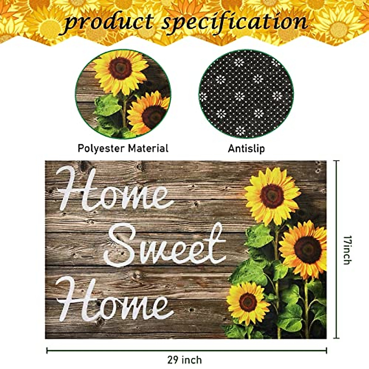 Sunflower Welcome Doormat Summer Door Mat, 17 X 29 Inch Wood Background Flower Spring Summer Decorative Home Sweet Home Entrance Mat Non-Slip Backing Floor Mat for Kitchen Bathroom