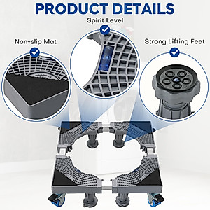 MYFULLY Adjustable Movable Furniture Dolly Roller Base with 4×2 Locking Rubber Swivel Wheels and 4 Strong Feet, Multi-Functional Mobile Stand for Dryer, Washing Machine and Refrigerator (Grey)