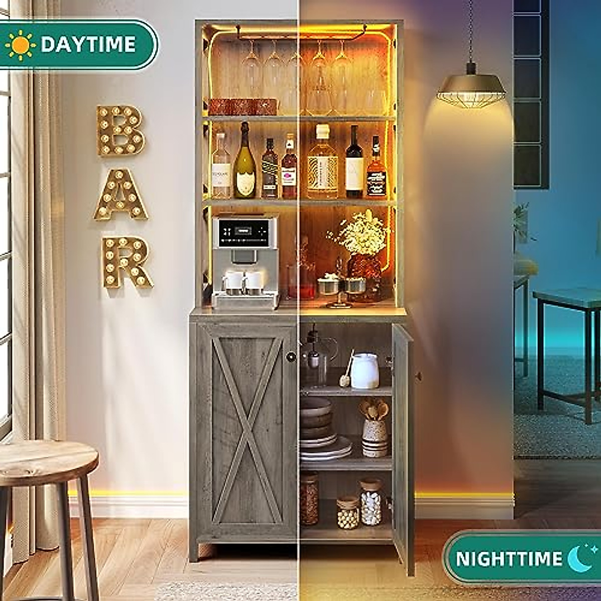 YITAHOME Bar Cabinets with LED Light, Coffee Bar Liquor Cabinet with Glass Holder, Tall Buffet Wine Cabinet with Storage for Kitchen, Dining Room, Rustic Grey Wash
