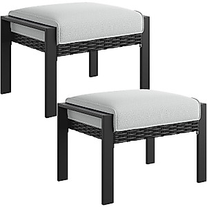 LayinSun Set of 2 Modern Aluminum Ottomans, 2 Pieces Wicker Rattan Outdoor Patio Footstool