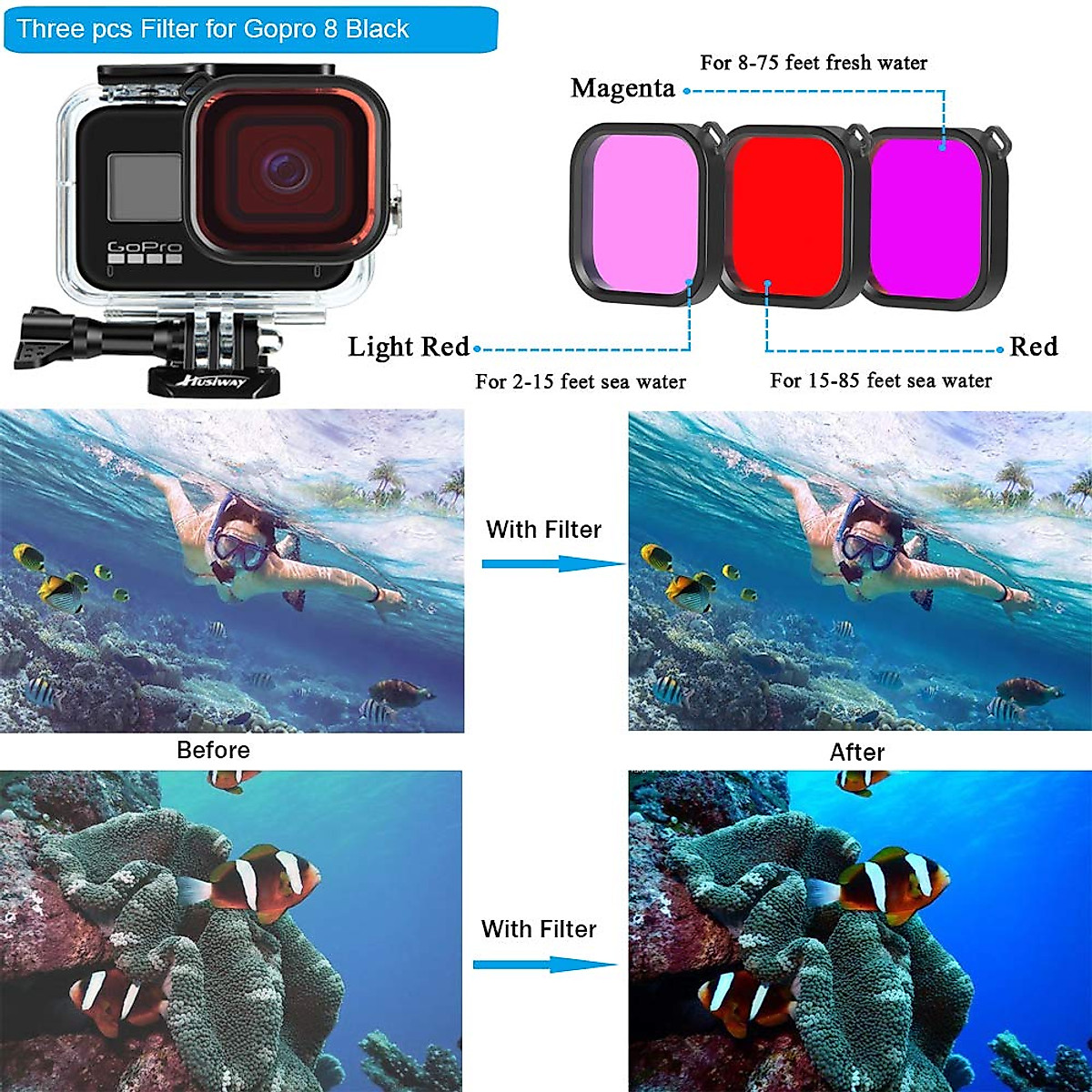 Husiway Action Camera Accessories Kit for Gopro Hero 8 Black Waterproof Housing Silicone Case Glass Screen Protector are Compatible with Gopro8 Hero8 62D