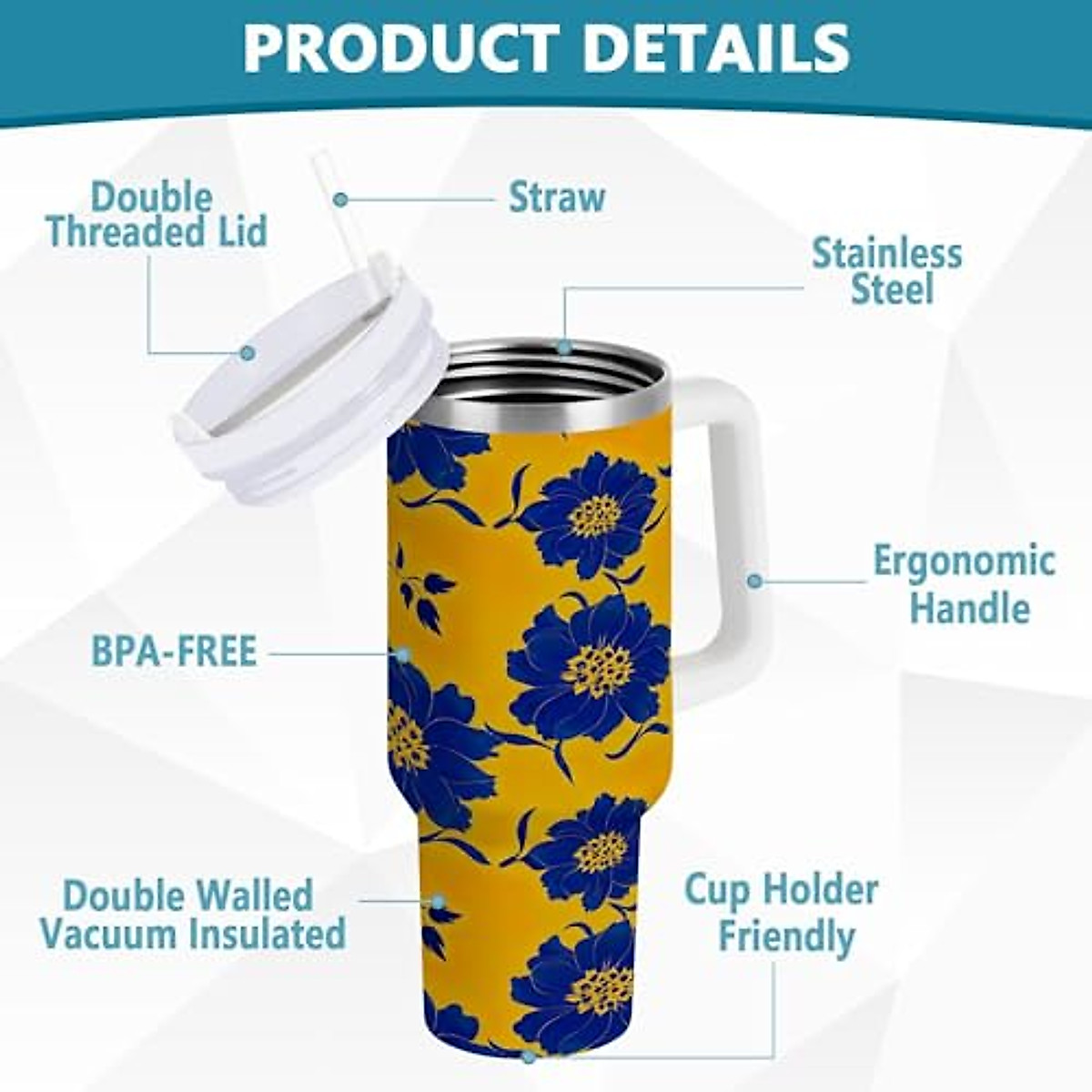 RPLIFE Elegant Dark Blue Flowers Yellow 40 Oz Tumbler with Handle and Straw, Stainless Steel Cups with Lid, Coffee Tumbler for Women