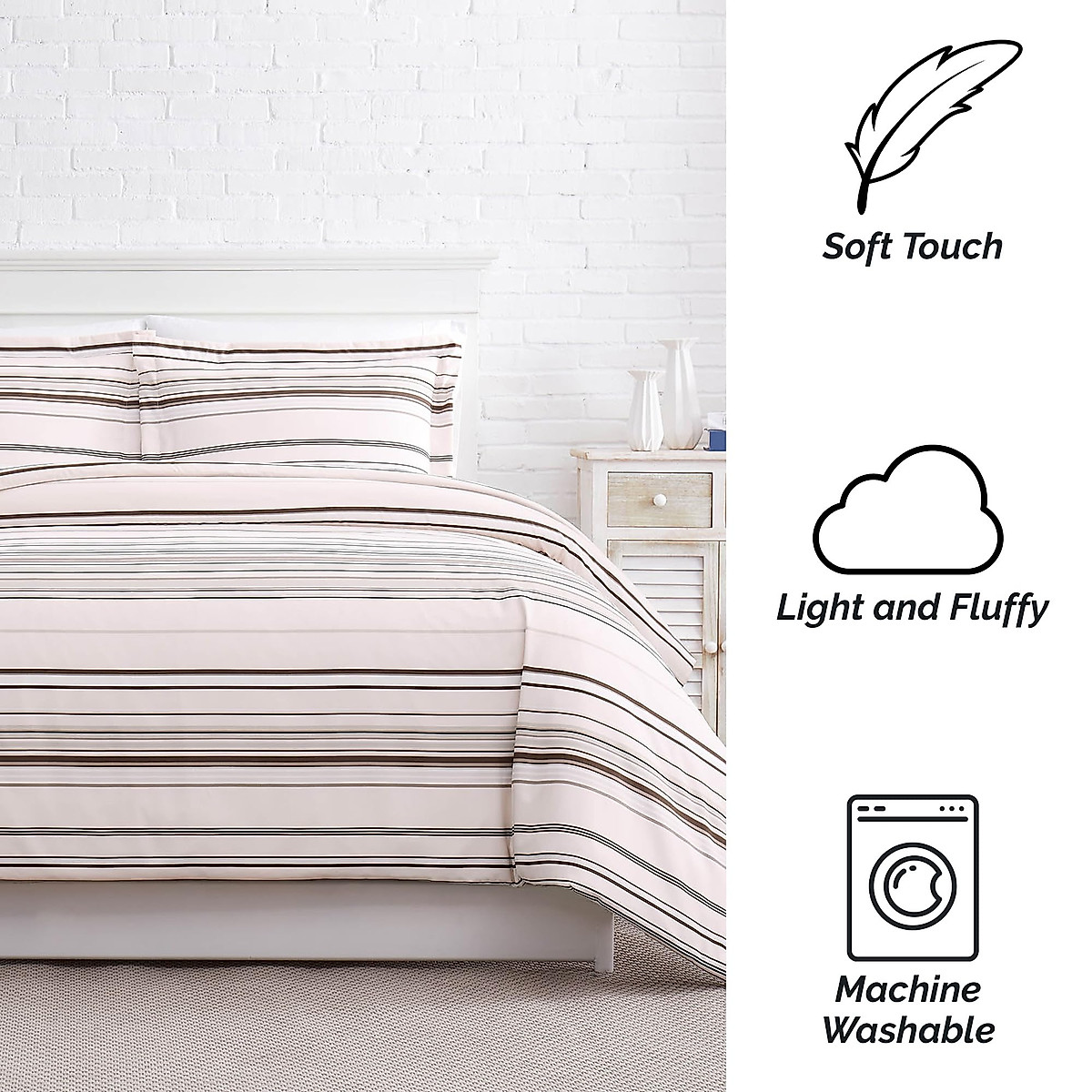 Southshore Fine Living, Inc. 3-Piece Full/Queen Size Comforter Set, Down Alternative All-Season Striped Comforter with 2 Shams, Soft Microfiber Bed Spread for Full or Queen Bed, Coastal Stripes Taupe