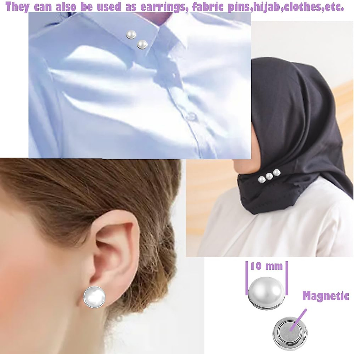 JEWSUN Bridal veil Wedding Veil Weights Magnetic Double Sided Artificial Pearls (White round pearl silver button, 12)