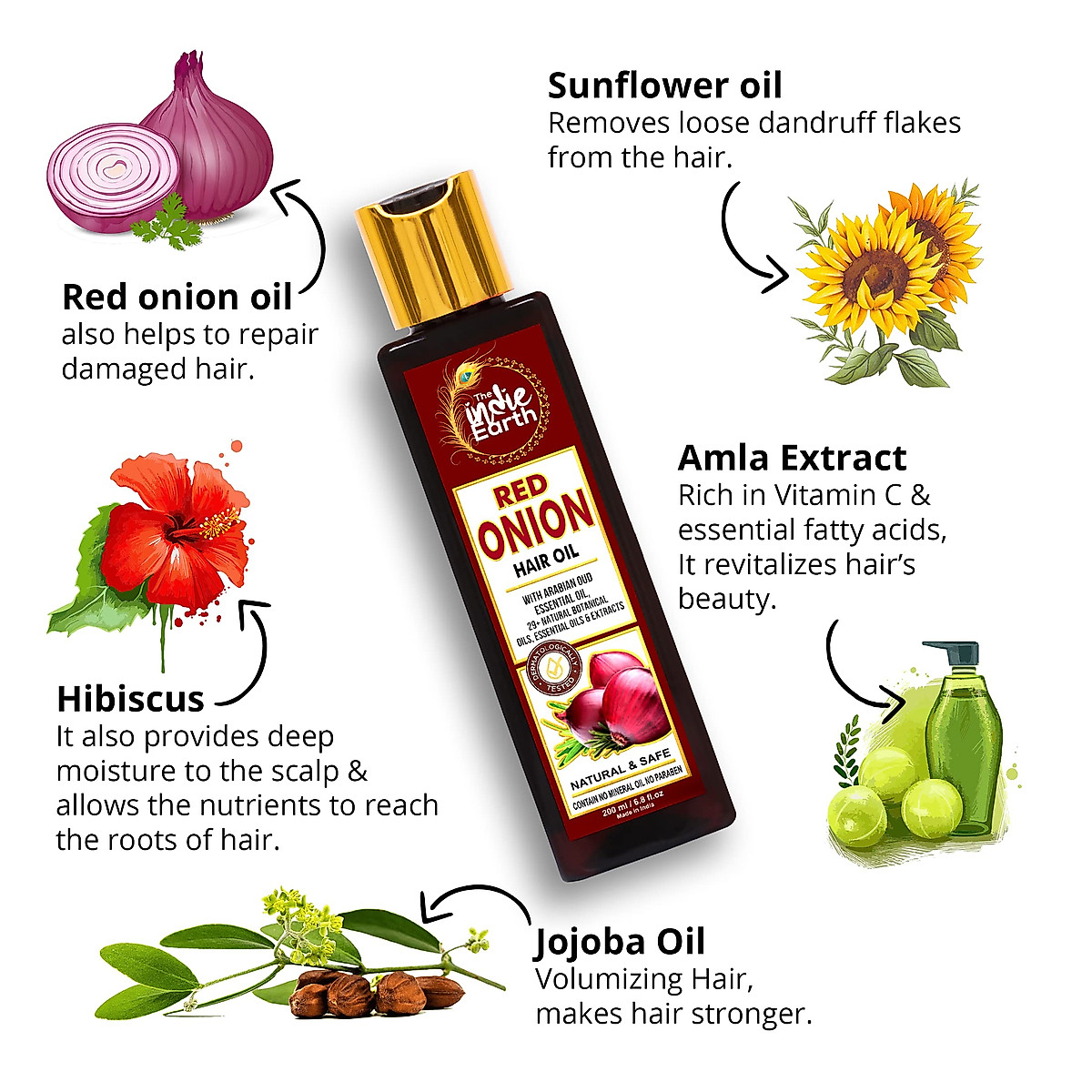 Red Onion Hair Growth Oil - Anti Hair Fall Enriched with 29+ Natural Herbs, Extracts & Oils Including Argan, Jojoba, Rosemary & Black Seed - 200ml