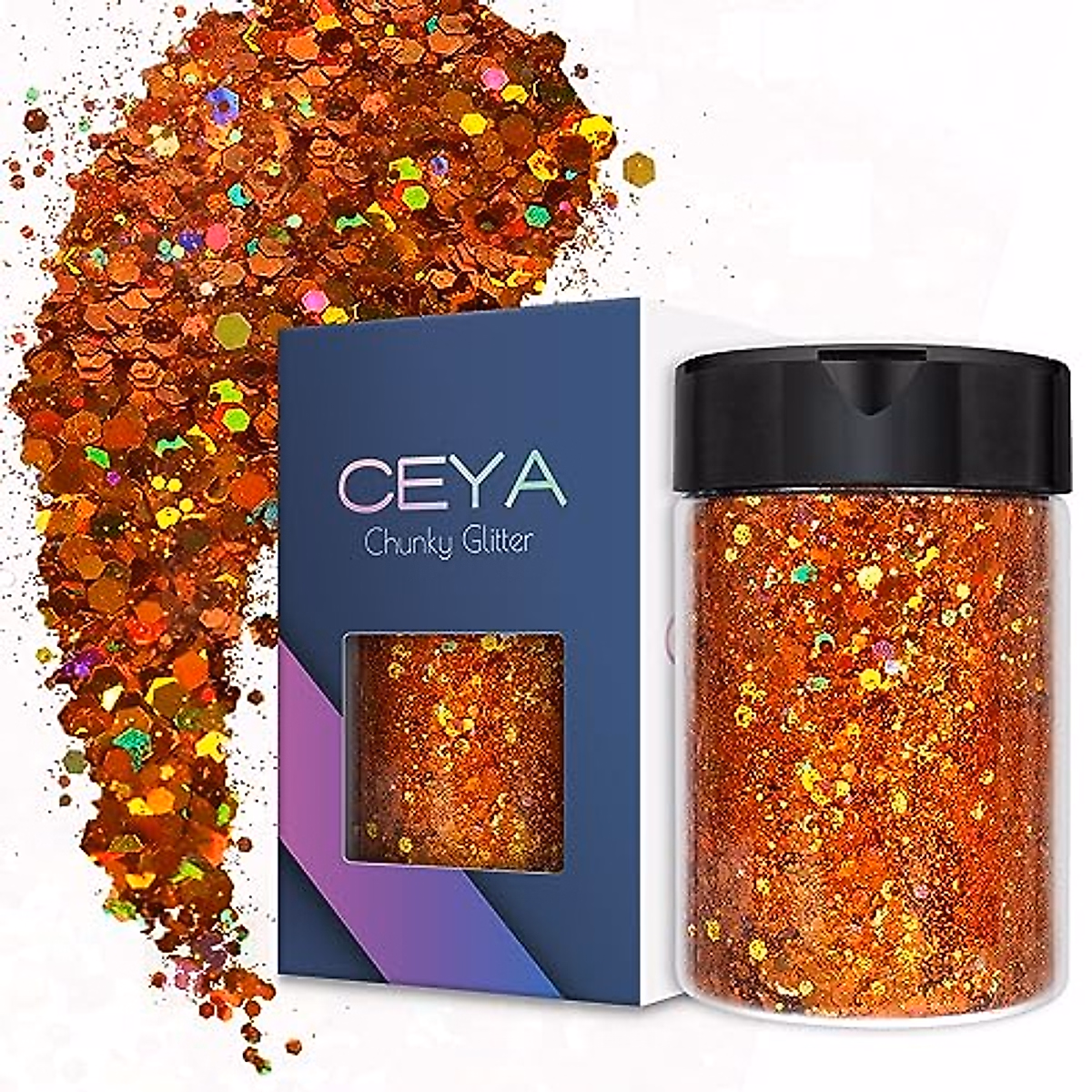 Ceya Holographic Chunky Glitter, 4.9oz/ 140g Orange Craft Glitter Powder Mixed Chunky & Fine Flakes Iridescent Nail Sequins for Nail Art, Hair, Epoxy Resin, Tumblers, Slime, Painting, Festival Decor