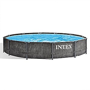 Intex Greywood Prism Frame 12' x 30" Round Above Ground Outdoor Swimming Pool with 530 GPH Filter Pump, Grey Woodgrain Design