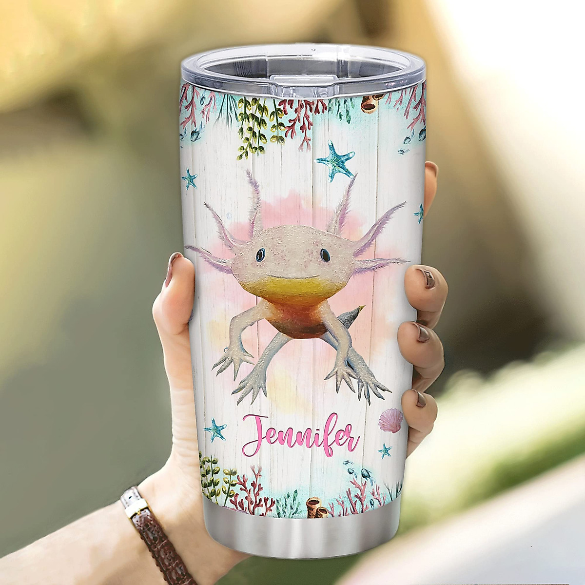 Hyturtle Personalized Gifts For Axolotl Lover - Just A Girl Who Loves Axolotls Custom Name Stainless Steel Tumbler 20oz With Lid - Idea Ocean Animal Lover Gifts For Women Girl On Birthday, Christmas