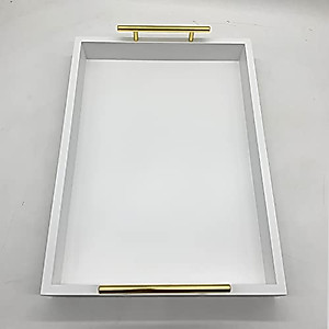 Simoei Serving Tray, Deluxe Tray for Coffee Table with Polished Gold Metal Handles and 2 Coasters, Living Room Bathroom Organizer Modern Decorative Tray, for Storage Or Display (White)