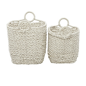 CosmoLiving by Cosmopolitan Cotton Fabric Handmade Decorative and Functional Storage Basket Basket Organizer with Handles, Set of 2 Basket for Storage 16", 18"H, White