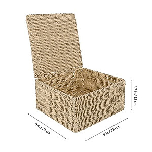 Cabilock 3pcs Drawer Bedroom Wicker Handwoven Vanity Bin Small Organizer Rattan Table Lid Gift Fruit Bathroom Laundry Bread Decorative Square Organizing Straw Flower Paper with Storage