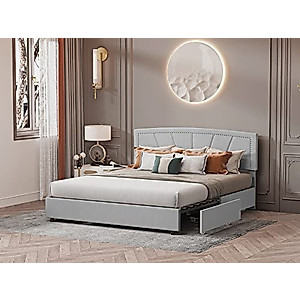 BONSOIR Queen Size Storage Bed Frame Upholstered Low Profile Traditional Platform with Tufted and Nail Headboard/No Box Spring Needed/4 Pull Out Drawers/Light Grey Linen Fabric (Queen Size)