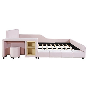 Modern Queen Size Upholstered Grounded Bed Mother & Child Bed Velvet Fabric Upholstered Floor Platform Bed with Bedside Desk and Little Round Stool for Kids Teens Boys Girls Adults (Pink-@9.9)