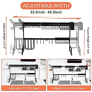 Befano Over The Sink Dish Drying Rack Adjustable (33.5-42.5" Inch), 2 Tier Large Stainless Steel Dish Drainer for Countertop, Kitchen Storage Organizer with 5 Utility Hooks and Paper Holder -Black