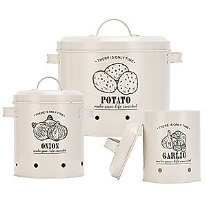 CAMOFOXIN Metal Canister Sets for Kitchen Counter, Farnhouse Potato Onion Garlic Storage Organizer with Lid, 3 Piece Vintage Containers (White)