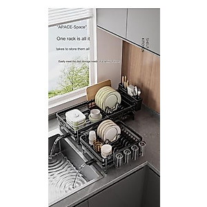 Taqargzy Dish Drying Rack Large Dish Drying Rack with Drainboard Set, Extendable Dish Rack, Utensil Holder, Cup Holder, Expandable Dish Drainer for Kitchen CounterCup Holder,(Black1)
