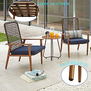 LOKATSE HOME Outdoor Patio 3 Piece Conversation Set Wicker Furniture 2 Cushioned Chairs and Side Table Modern Style, Blue