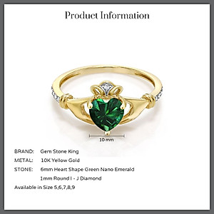 Gem Stone King 10K Yellow Gold Green Simulated Emerald and Diamond Accent Irish Celtic Claddagh Ring For Women (0.74 Cttw, Available in size 5, 6, 7, 8, 9)