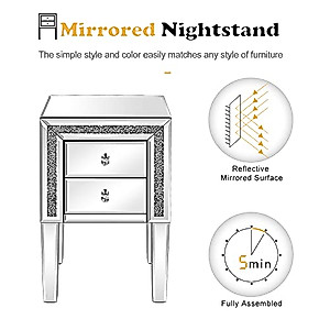 VINGLI Mirrored Nightstand Set of 2 Silver Glass Sofa/Couch Side Tables Bedroom End Tables with Storage, 24.8 inch Tall