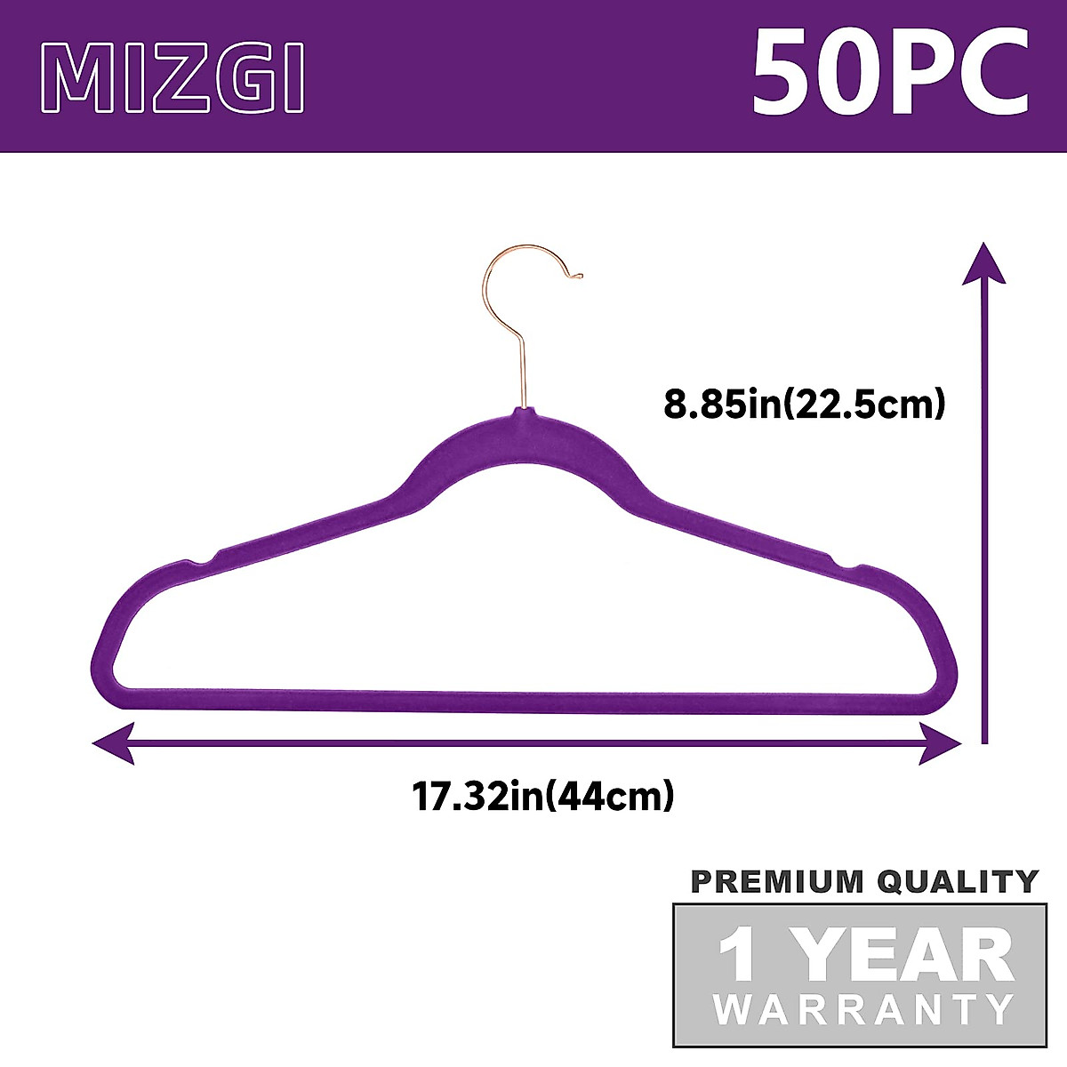 MIZGI Premium Velvet Hangers (50 Pack) Heavy Duty - Non Slip Felt Hangers - Velvet Suit Hangers Dark Purple - Rose Gold Hooks,Space Saving Clothes Hangers