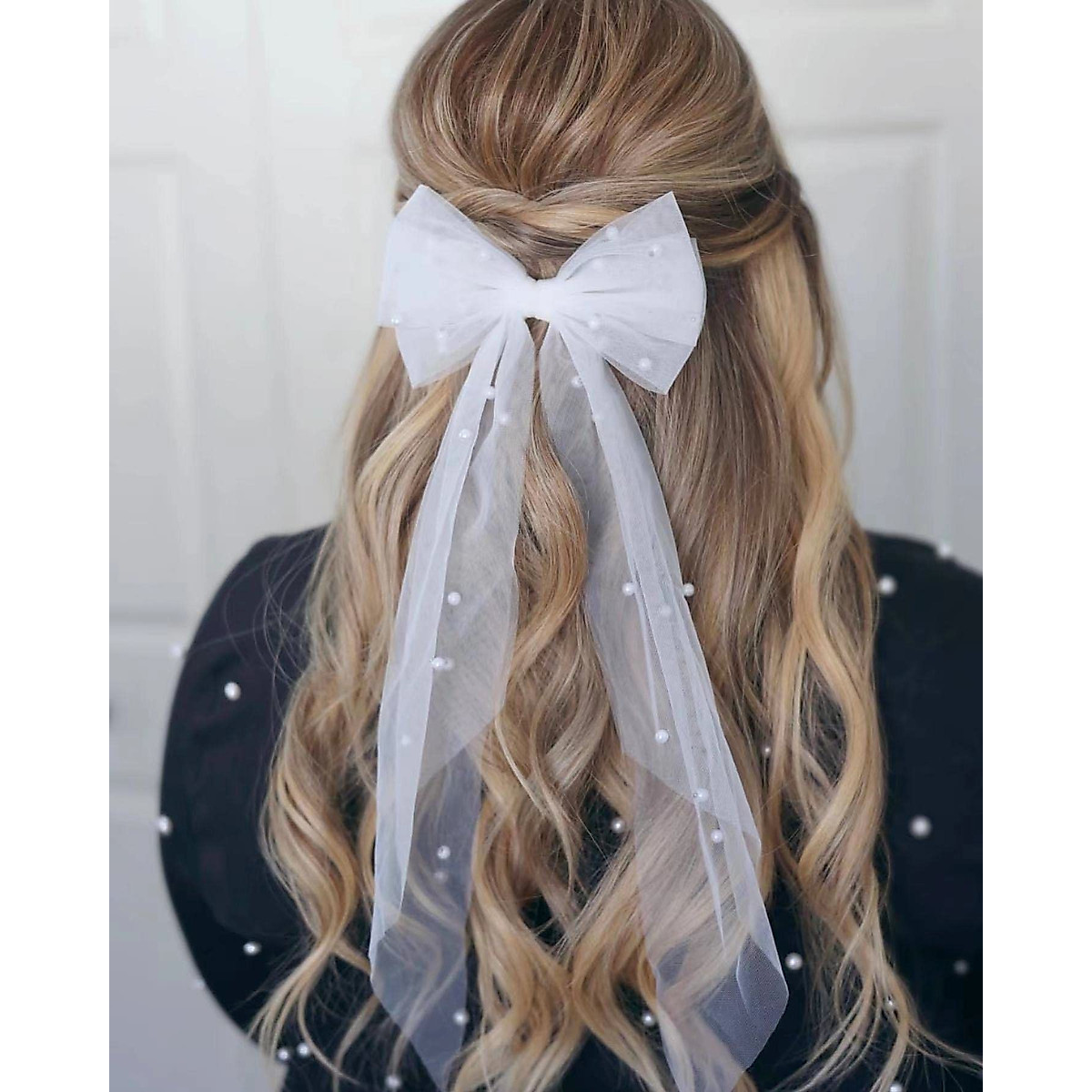 Bolonar Pearl White Hair Clip with Bow and Veil, Large 8' W x 18' L, Handmade for Bachelorette Party, Bridal Shower, Wedding, Bridesmaid Gift, Engagement Party, Daily Wear