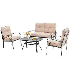Oakcloud 4Pcs Metal Outdoor Furniture Patio Conversation Set (Loveseat and Coffee Table, 2 Dining Chair) -Wrought Iron Patio Chair Set with Cushions (Brown)