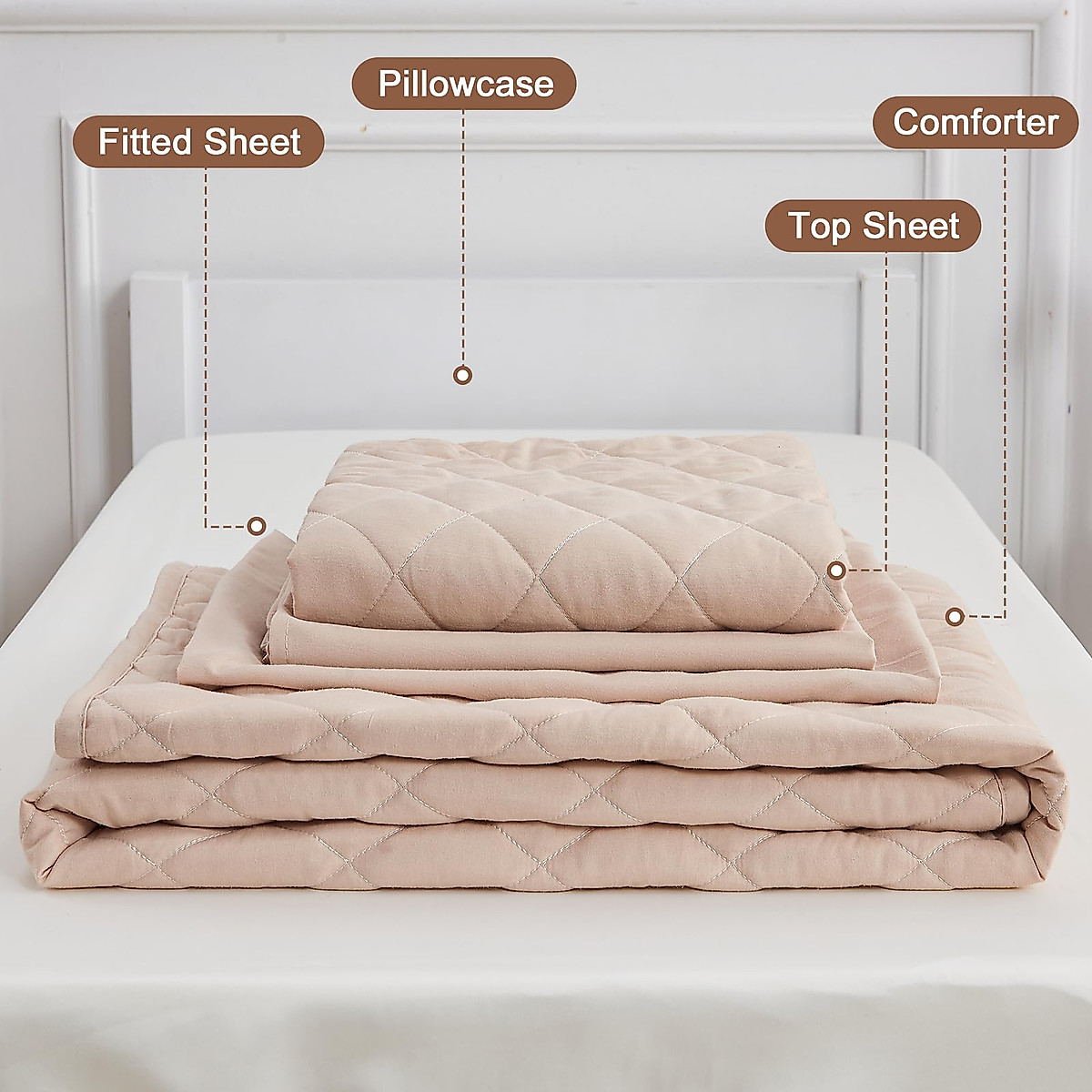 Wowelife Beige Toddler Bedding Set for Girls and Boys, Premium 4 Pieces Kids Bed in a Bag, Toddler Bed Sheet Set, Beige Toddler Bed Set, Super Soft and Comfortable for Toddler