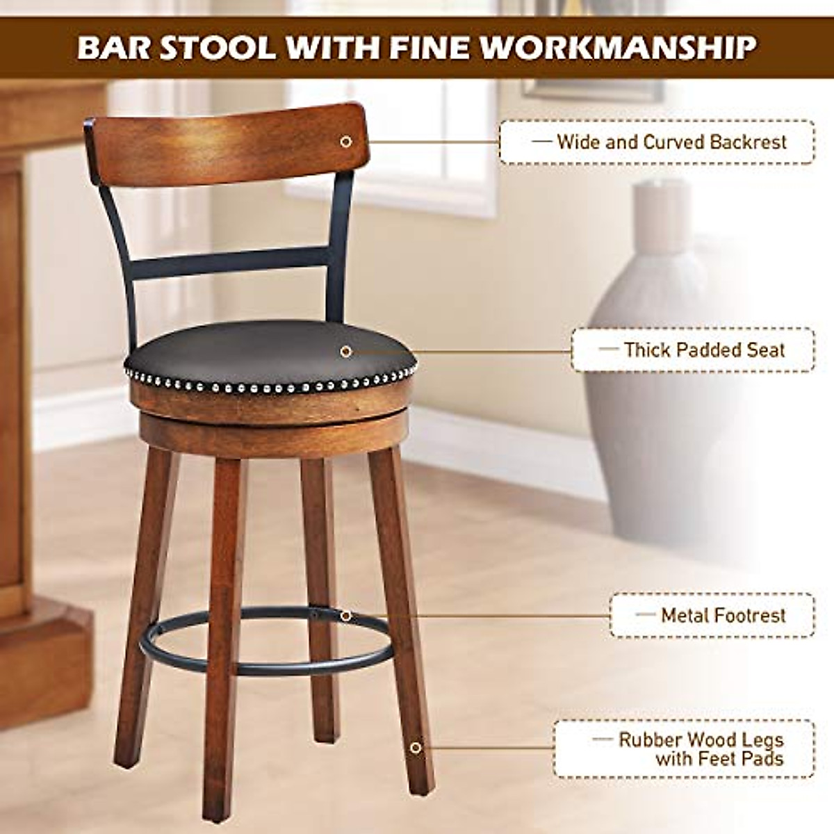 COSTWAY Bar Stools Set of 2, 360-Degree Swivel Stools with Leather Padded Seat, Single Slat Ladder Back & Solid Rubber Wood Legs, Counter Height Stools for Pub, Restaurant, Kitchen, Brown (2, 25.5)