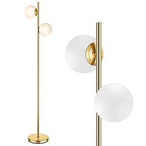 Mid Century Modern 2 Frosted Glass Globe Floor Lamp for Living Room,Contemporary LED Standing Light, Gold Corner Pole Lamp for Office Bedroom, Study Room, Hotel, Antique Brass Standing Lighting