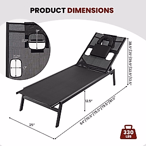 Giantex Patio Chaise Lounge Chair - Outdoor Lounge Chaise with Face Hole, Detachable Head Pillows, 5-Position Adjustable Tanning Chair for Poolside, Yard, Deck, Outside Sunbathing Chair (1, Black)