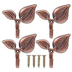 MAGICLULU 4pcs Metal Leaf Shaped Single Wall Hooks Vintage Iron Coat Hooks Rustic Wall- Mounted Coat Hangers for Home Scarf Bag Towel Key Cap Hat Copper
