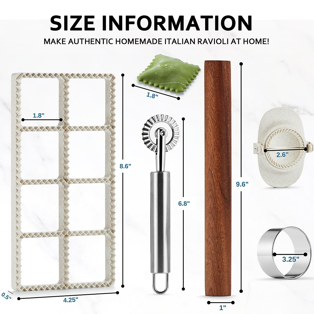 MUMSUNG Ravioli Maker Press, Ravioli Press Mold Set - 1.85" Squares Ravioli Stamp Maker Cutter with Wood Rolling Pin, 2.6" Empanada Maker Press Kit and Ravioli Wheel, Makes 8 Ravioli