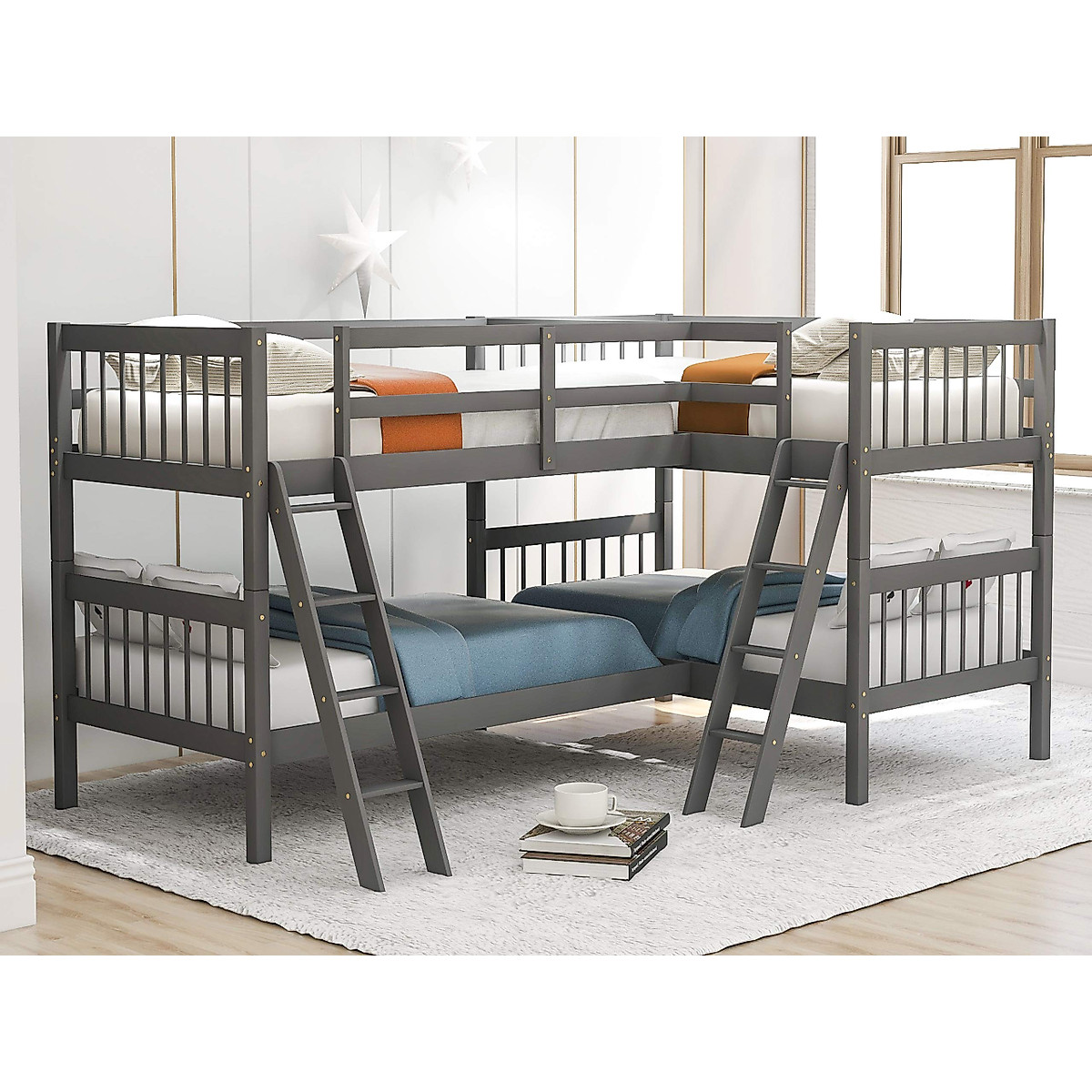 Harper & Bright Designs L-Shaped Twin Size Bunk Bed and Loft Bed, Solid Wood Twin Bunk Bed Loft Bed with Guardrail and Two Ladders for 4 Person (Grey)