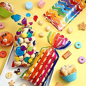 Rainbow Cellophane Treat Bags, Polka Dot Stripes Printed Pattern Goodie Candy Favor Bags with Twist Ties for Pride Day Kids School Lunches Baby Shower Birthday Party Supplies (105 Pieces) (180 Pieces)