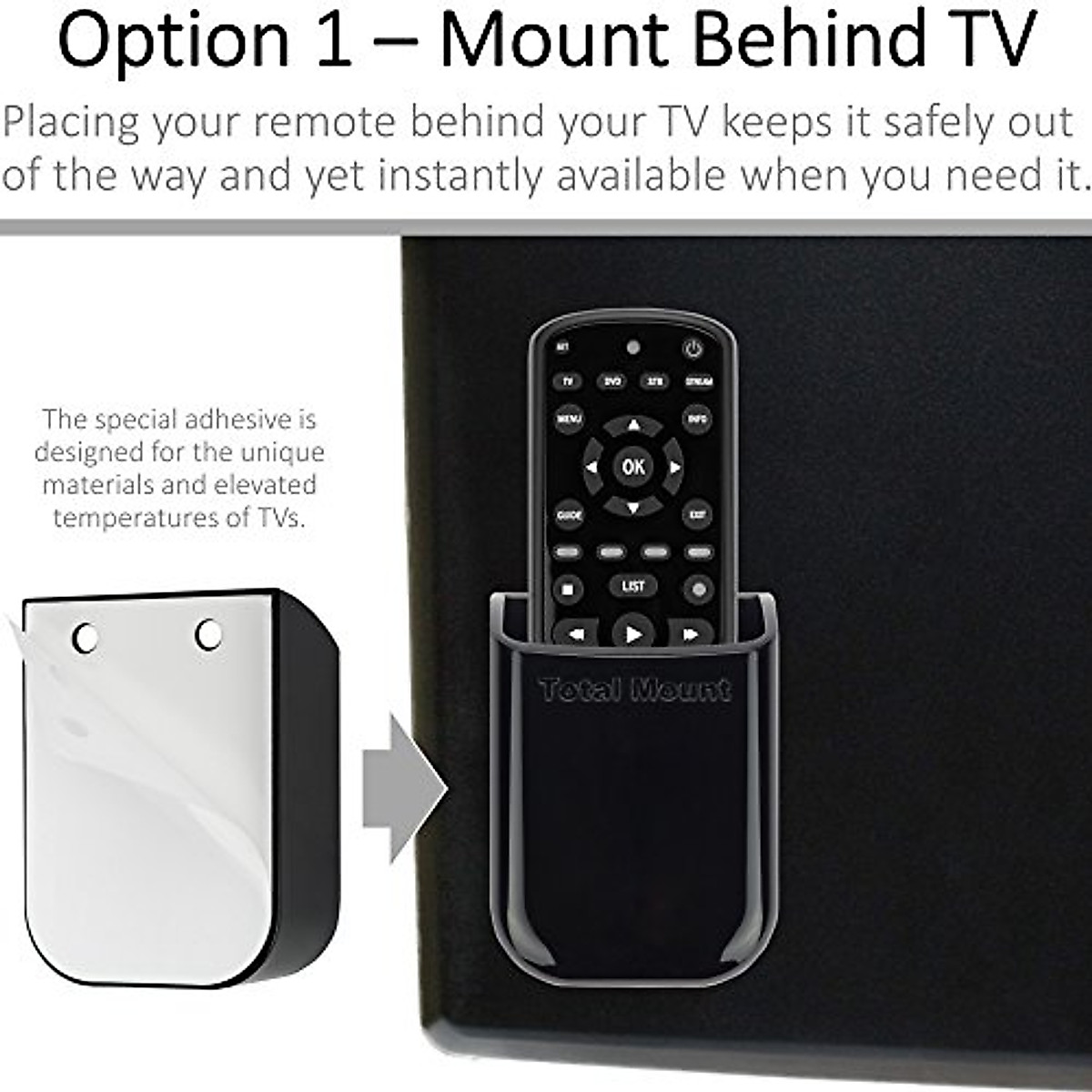 TotalMount Universal Remote Control Holders (2 Pack) – Attach to Wall or Back of TV – Compatible with All TV Remotes (Premium Black, Medium)