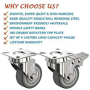 2" Caster Wheels Set of 4 Heavy Duty Plate Casters with Brake 2 inch Dual Locking Castors and No Noise TPR Rubber Wheel No Floor Marks Silent Castor Swivel for Furniture 4 Pack up 440Lbs, Free Screws
