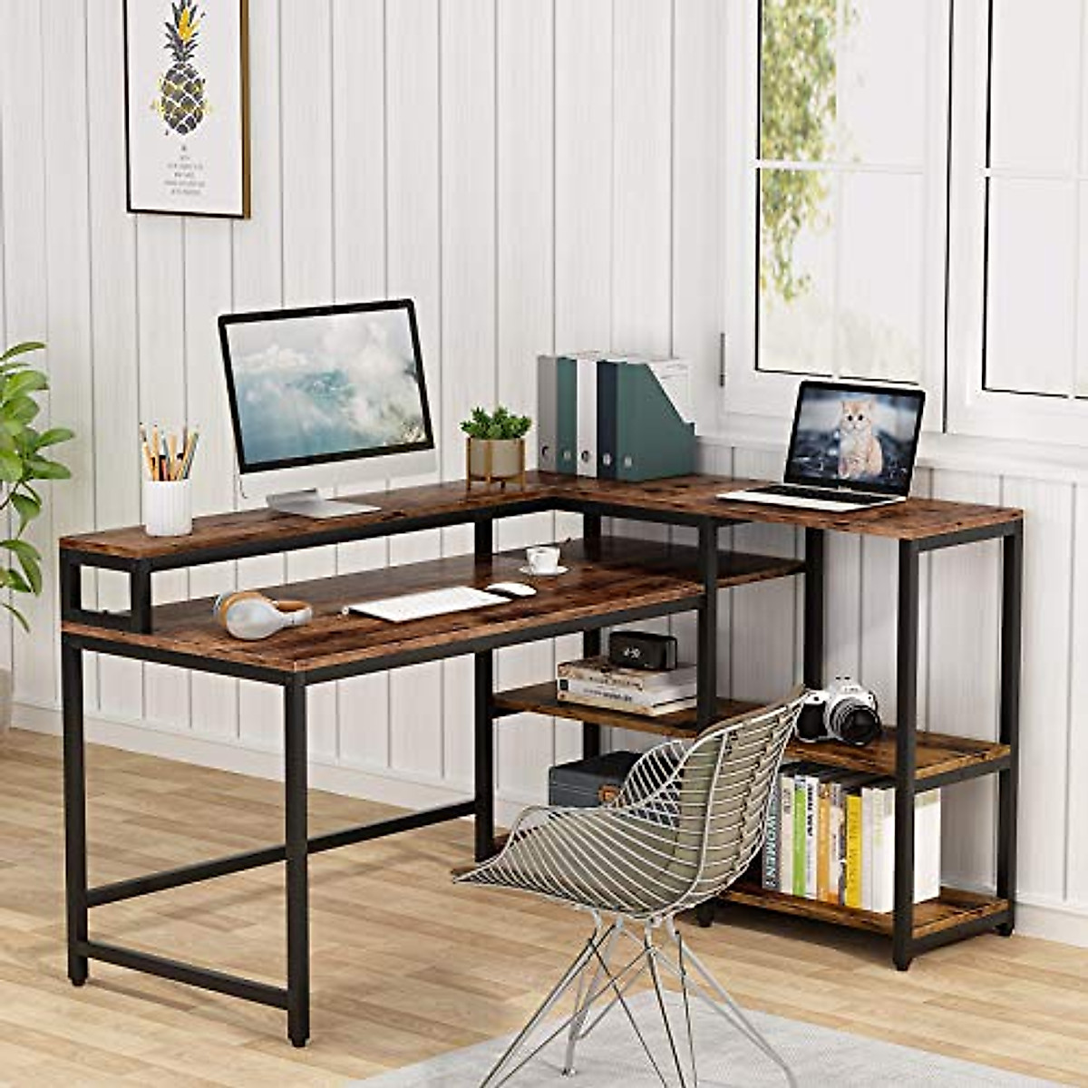 Tribesigns 55 Inch Reversible L Shaped Computer Desk with Storage Shelf, Industrial Corner Desk with Shelves and Monitor Stand, Study Writing Table for Home Office (55" D x 41" W, Rustic Brown)