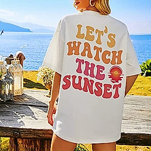 MISSACTIVER Women Summer Sun Letter Graphic Print T Shirt Oversized Crewneck Short Sleeve Drop Shoulder Tee Blouse Tops(Large,White)