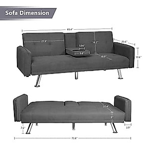 AWQM Futon Sofa Bed Upholstered Modern Convertible Sofa Couch Sleeper, Metal Leg and 2 Cup Holders, Memory Foam Cushion Living Room Furniture Home Recliner, Dark Grey