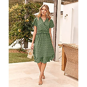 BTFBM Elegant Short Sleeve V Neck Swiss Dot Midi Summer Dresses for Women 2023 Boho Ruffle Long Dresses Ruffle Cocktail Dress（Solid Green,X-Large