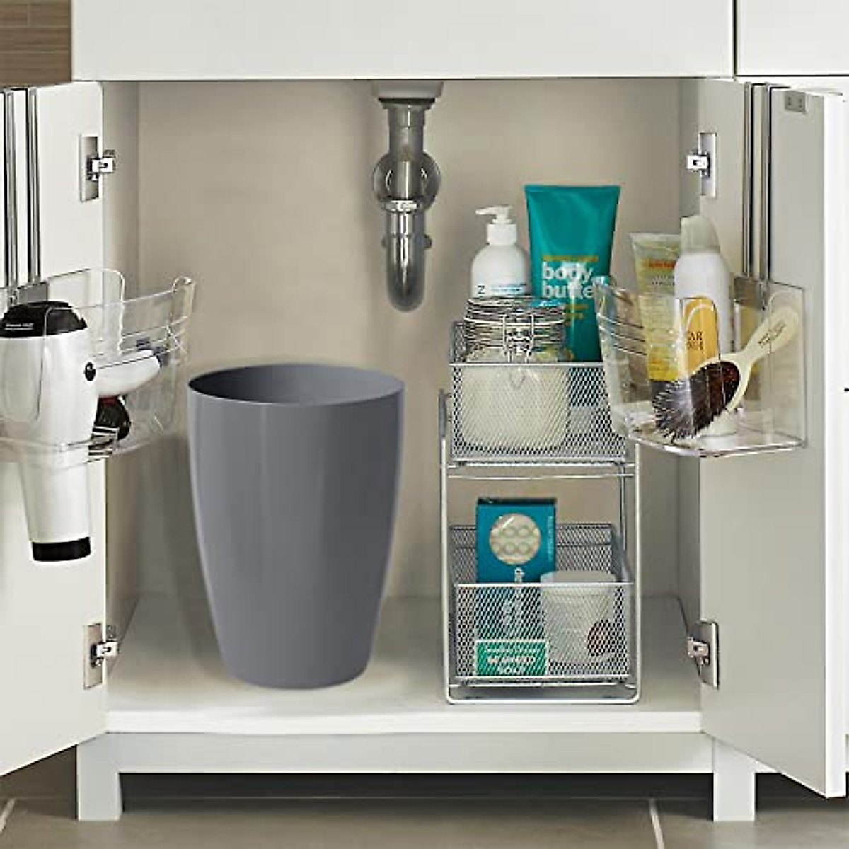 Small Trash Can – Open Top Garbage Cans for Kitchen, Office, Dorm, Bathroom, etc. –Waste Can for Compact/Tight Spaces – The Perfect Bathroom Trash Can - 2 Gallon Trash Bin – Glossy Grey