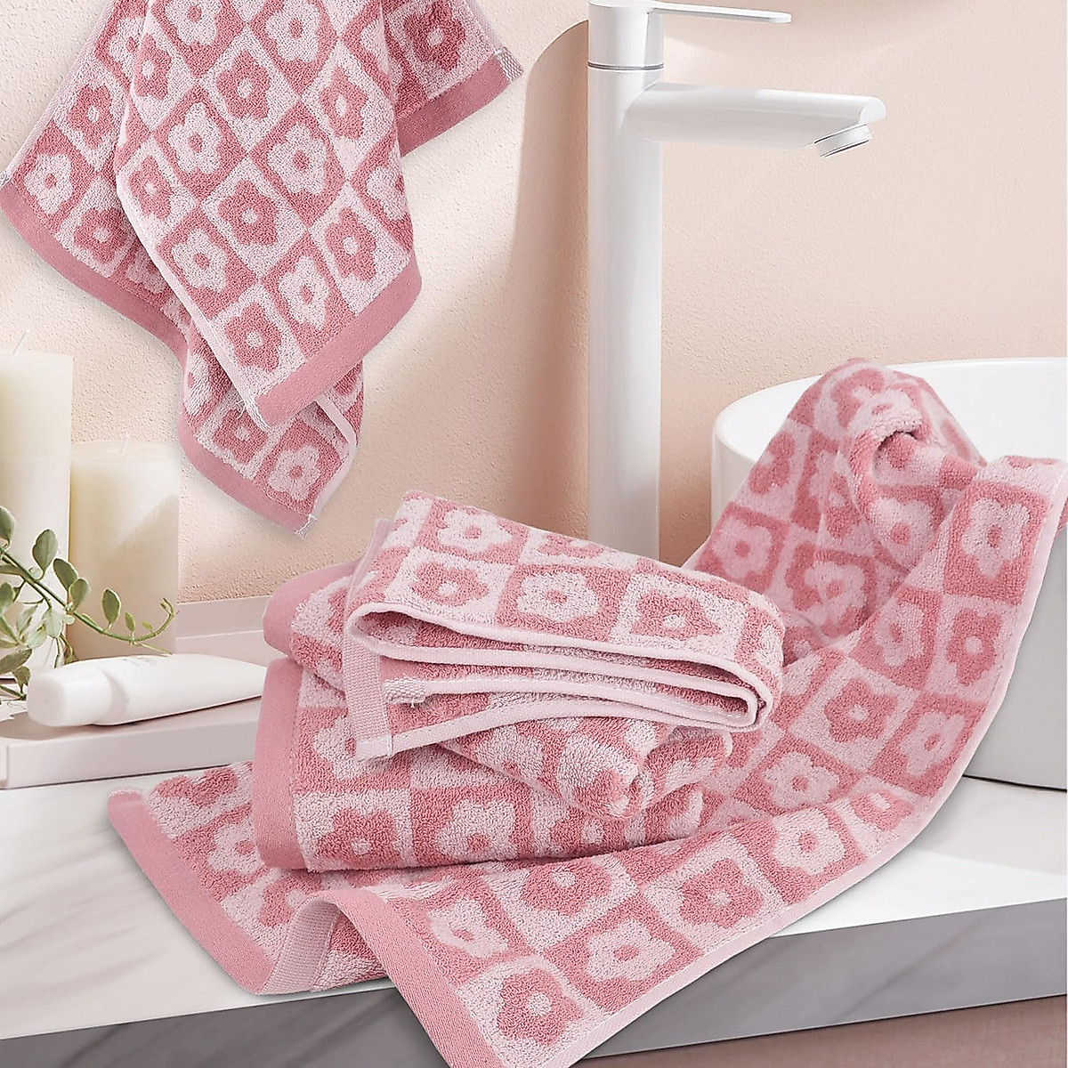 Jacquotha Cotton Hand Towels Pink Checkered Floral - Quick Drying Hand Towel Set of 4, Gifts for Women Her Girls, 29” x 13”
