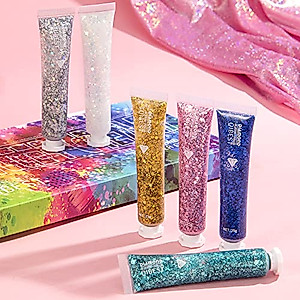 6 Pack Body Glitter Gel Face Glitter for Body, Face, Eye, Hair, Nails Glitter Makeup Liquid Long Lasting Sparkling Mermaid Chunky Glitter Gel for Festival Art Party Halloween (6 Color Sets)