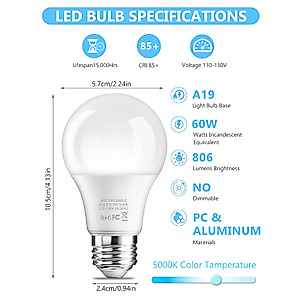 BTBHIHO 6-Pack A19 LED Light Bulbs 60W Equivalent 806 Lumens, 9W 5000K Warm White Non-Dimmable, No Flicker, Super Bright CRI85+ Standard E26 Edison Screw Bulbs for Bedroom, Home, Office