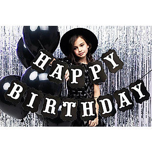 Large Black Happy Birthday Banner, Happy Birthday Bunting Sign with White Letters, Happy Birthday Decorations for Boys Women Men