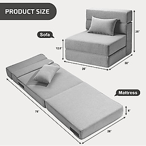 SUYOLS Folding Sofa Bed with Pillow- Convertible Chair Floor Couch & Sleeping Mattress - Foldable Memory Foam Sleeper for Living Room/Dorm/Guest Room/Home Office/Apartment/Upstairs Loft, Light Grey