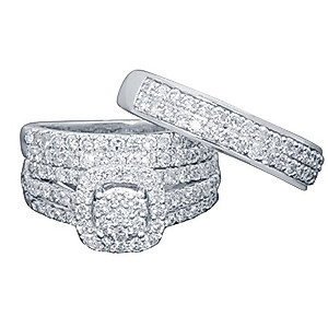 jsjewels 2 1/2Ct Round Diamond Engagement Wedding Ring Trio Set in 14K White Gold Fn .925