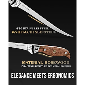 The Cooking Guild Fillet Knife - 7 Inches - Grizzly Series - High Carbon Stainless Steel Boning Knife - Rosewood Handle Knife Filet - Deboning Knife Filet for Meat & Fish